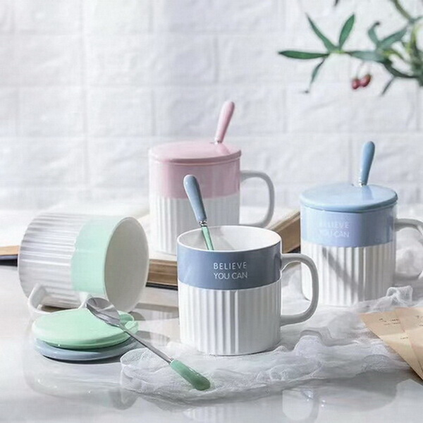 Solid Color Glazed Logo Decal Printed Ceramic Coffee Mugs With Spoons ...