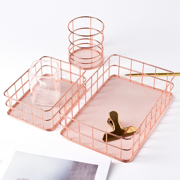 Nordic Rose Gold Metal Wire Storage Basket Office Desktop Table ...